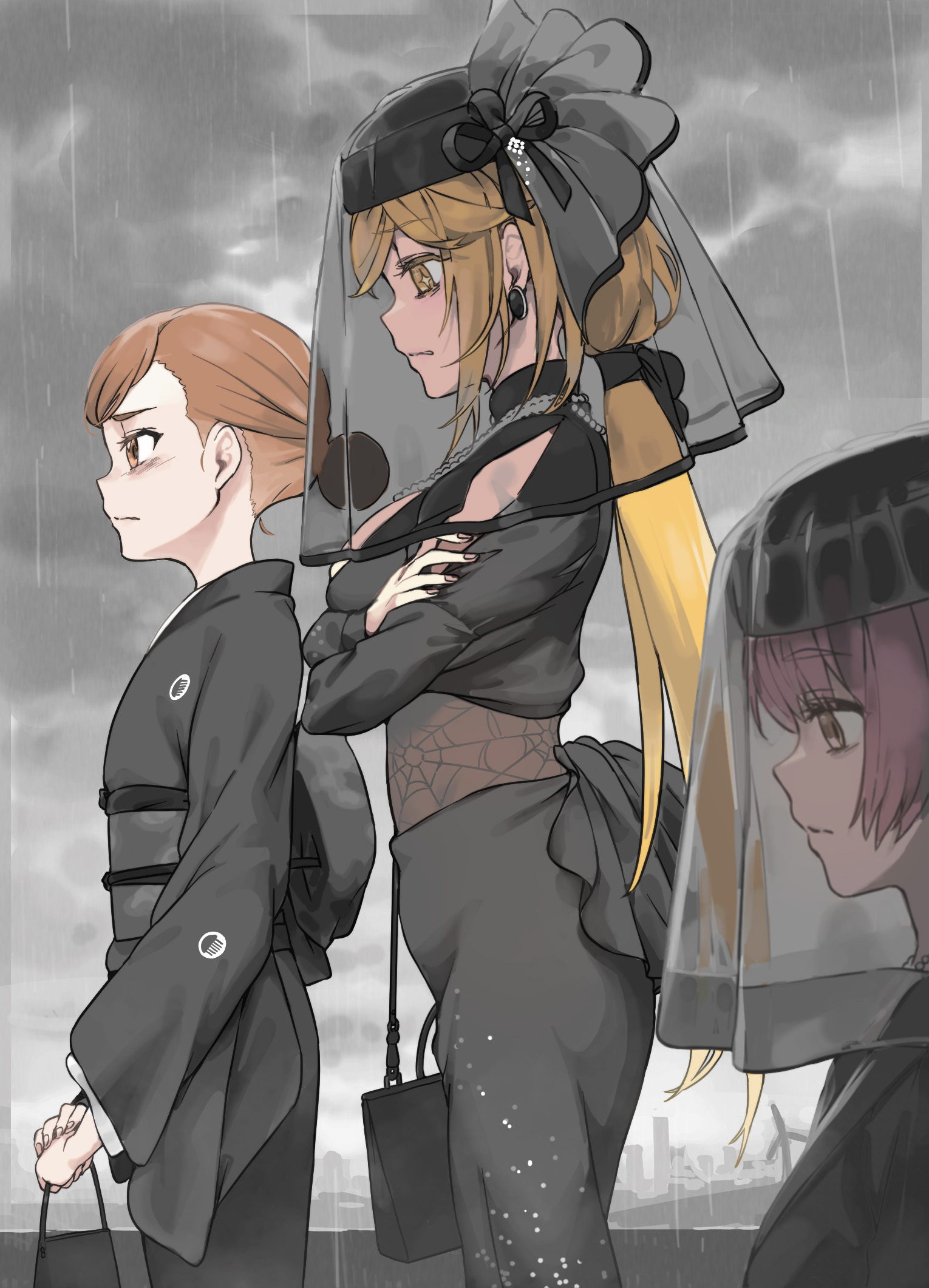 Safebooru - 3girls bag black dress black kimono blonde hair brown eyes brown hair commentary ...