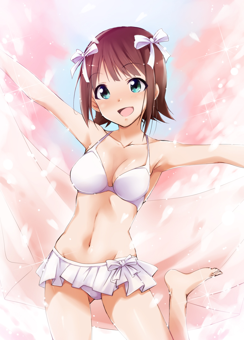 Safebooru - 1girl :d amami haruka aqua eyes barefoot bikini blush bow breasts brown hair ...
