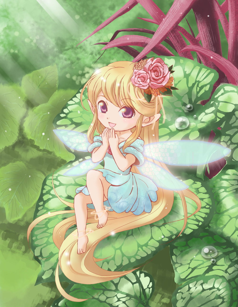 Safebooru - 1girl anklet barefoot blonde hair dew drop fairy fairy ...