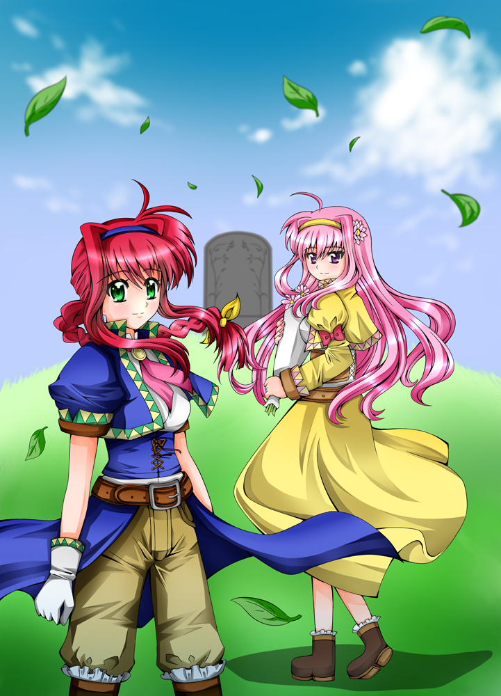 Safebooru - 2girls amitie florian belt blush boots bouquet braid corset ...