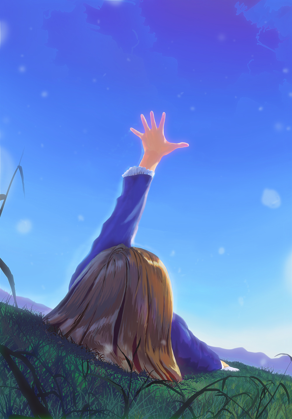 Safebooru - 1girl akio-bako brown hair grass highres lying original ...