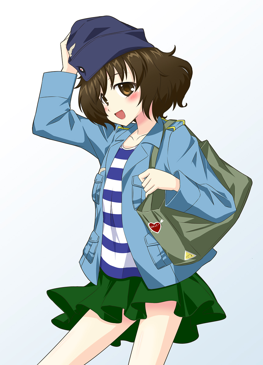 Safebooru - 1girl akiyama yukari bag blush casual girls und panzer hat hifumi (vivian) highres ...
