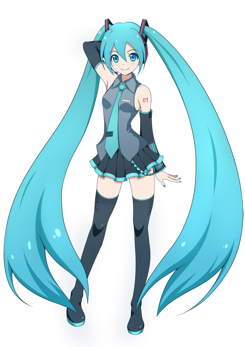 Safebooru - 1girl aqua eyes aqua hair arm up boots detached sleeves hatsune miku headset highres ...