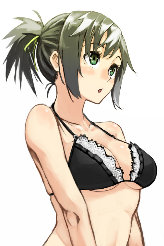 Safebooru - 1girl :o bare shoulders black bra black hair bra breasts bust cleavage green eyes ...