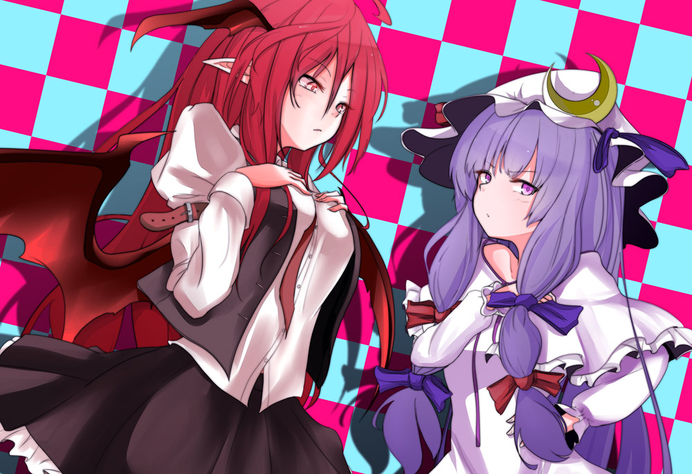 Safebooru - 2girls bat wings checkered checkered background crescent ...