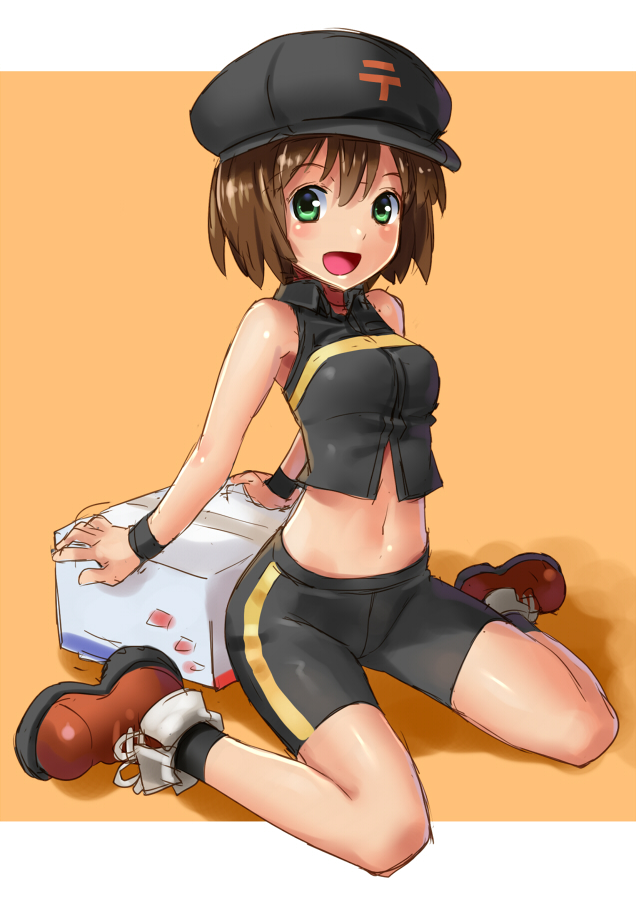 Safebooru - 1girl :d bare shoulders bike shorts blush box brown hair green eyes katahira masashi ...