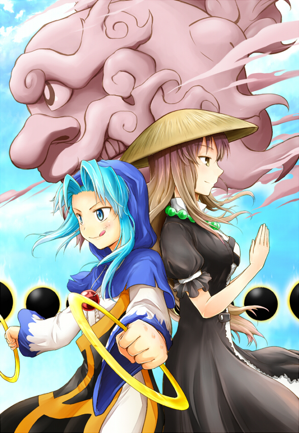 Safebooru - 1boy 2girls ajirogasa blue eyes blue hair breasts brown ...