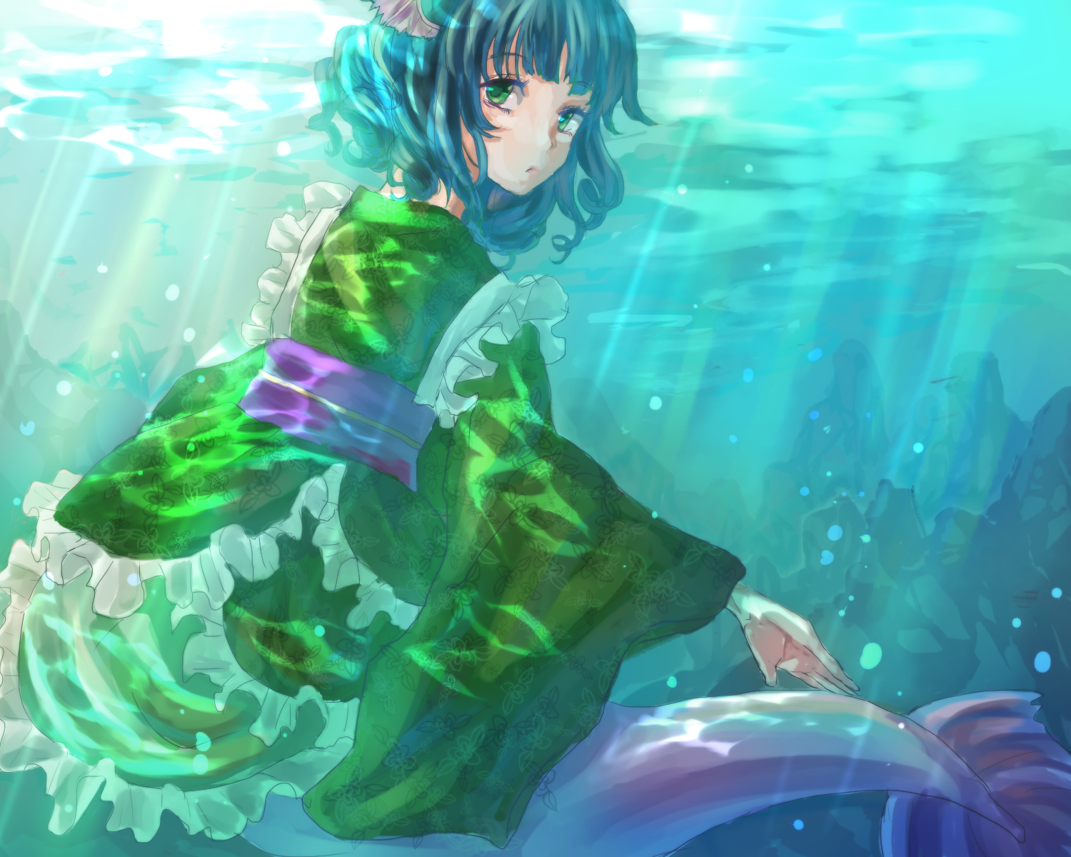 Safebooru - 039love-s-c 1girl aqua hair curly hair green eyes head fins ...