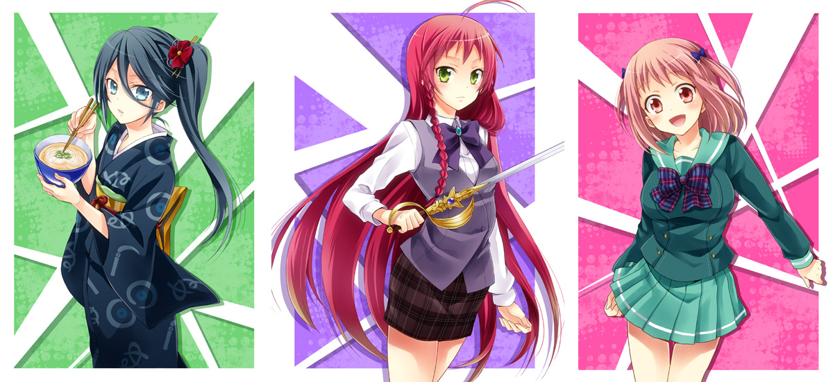 Safebooru - 3girls ahoge black hair blue eyes braid brown eyes brown hair food hataraku maou ...