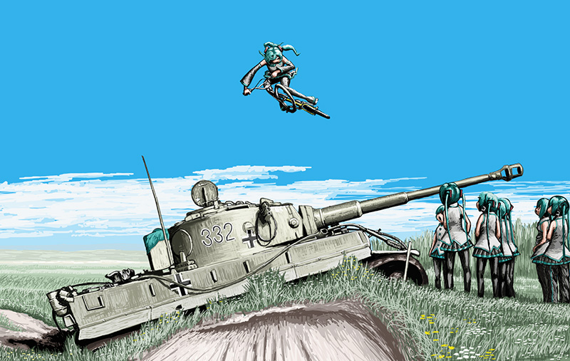 Safebooru - bicycle clouds detached sleeves hatsune miku military ...