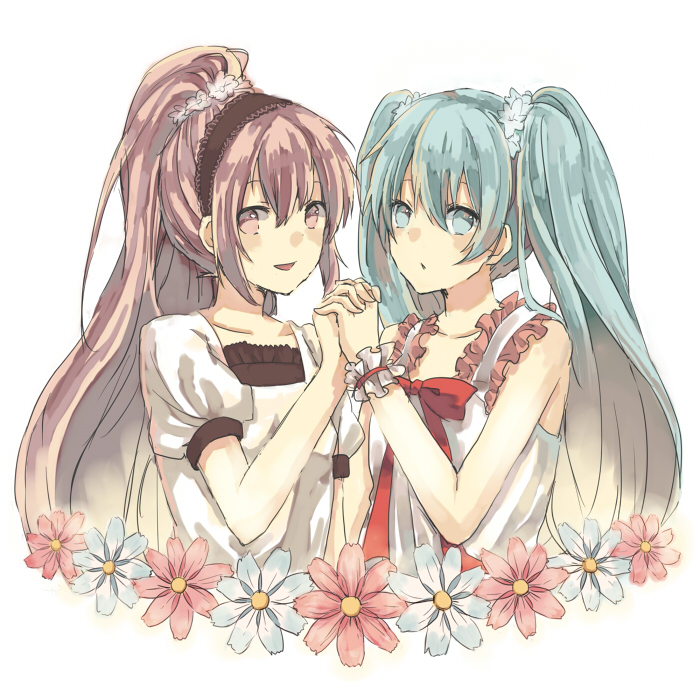 Safebooru - 2girls aqua eyes aqua hair flower hatsune miku interlocked ...