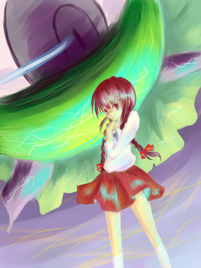 Safebooru - braid brown hair evil eye sigma kneehighs red eyes ribbon ...