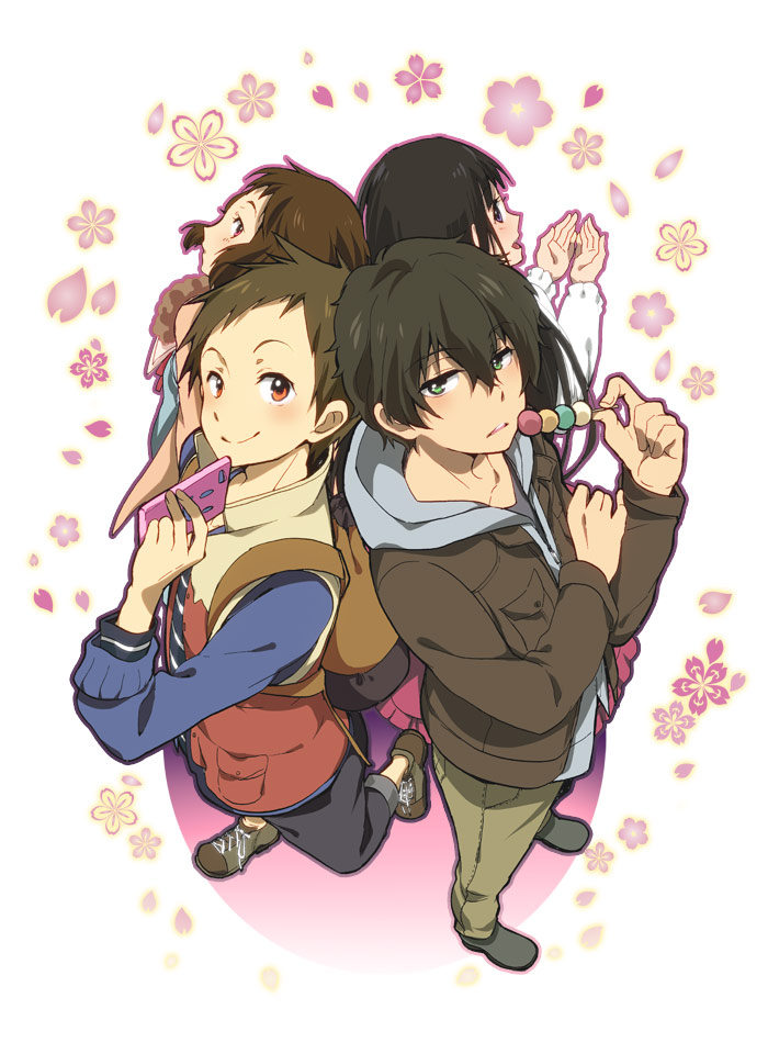 Safebooru - 2boys 2girls black hair brown hair cellphone chitanda eru dango food fukube satoshi ...