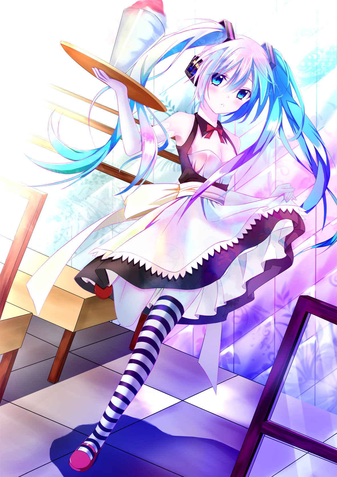 Safebooru - 1girl blue eyes blue hair dress dutch angle elbow gloves ...