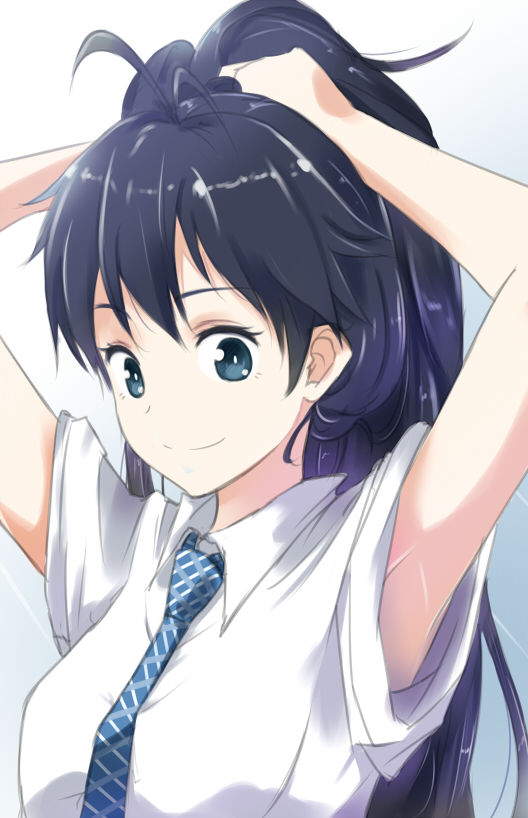 Safebooru - 1girl adjusting hair arms up black hair blue eyes breasts ganaha hibiki hair ribbon ...