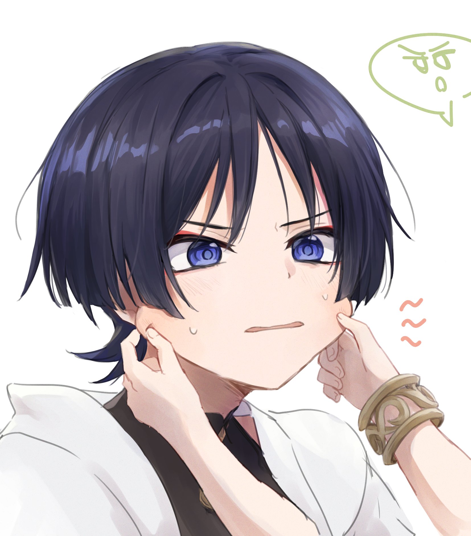 Safebooru - 1boy 1girl black bodysuit black hair blue eyes blunt ends bodysuit bracelet cheek ...