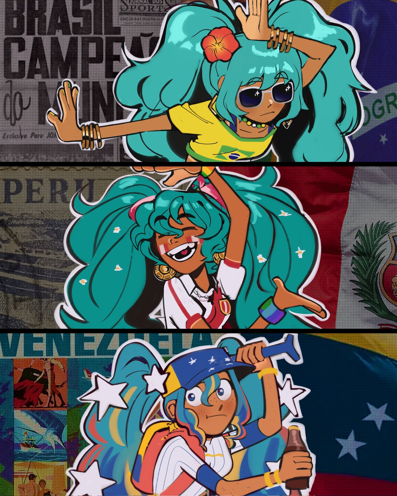 Safebooru - 3girls aqua hair arm up blue eyes blush bottle bracelet ...