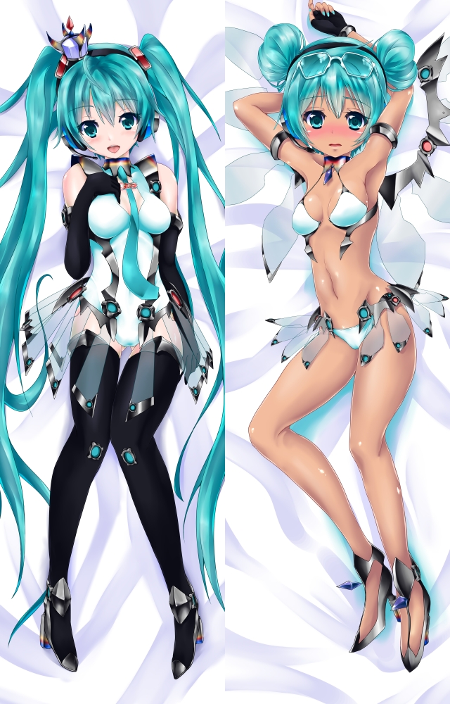 Safebooru - aqua eyes aqua hair armlet armpits arms up bikini blush dakimakura double bun elbow ...