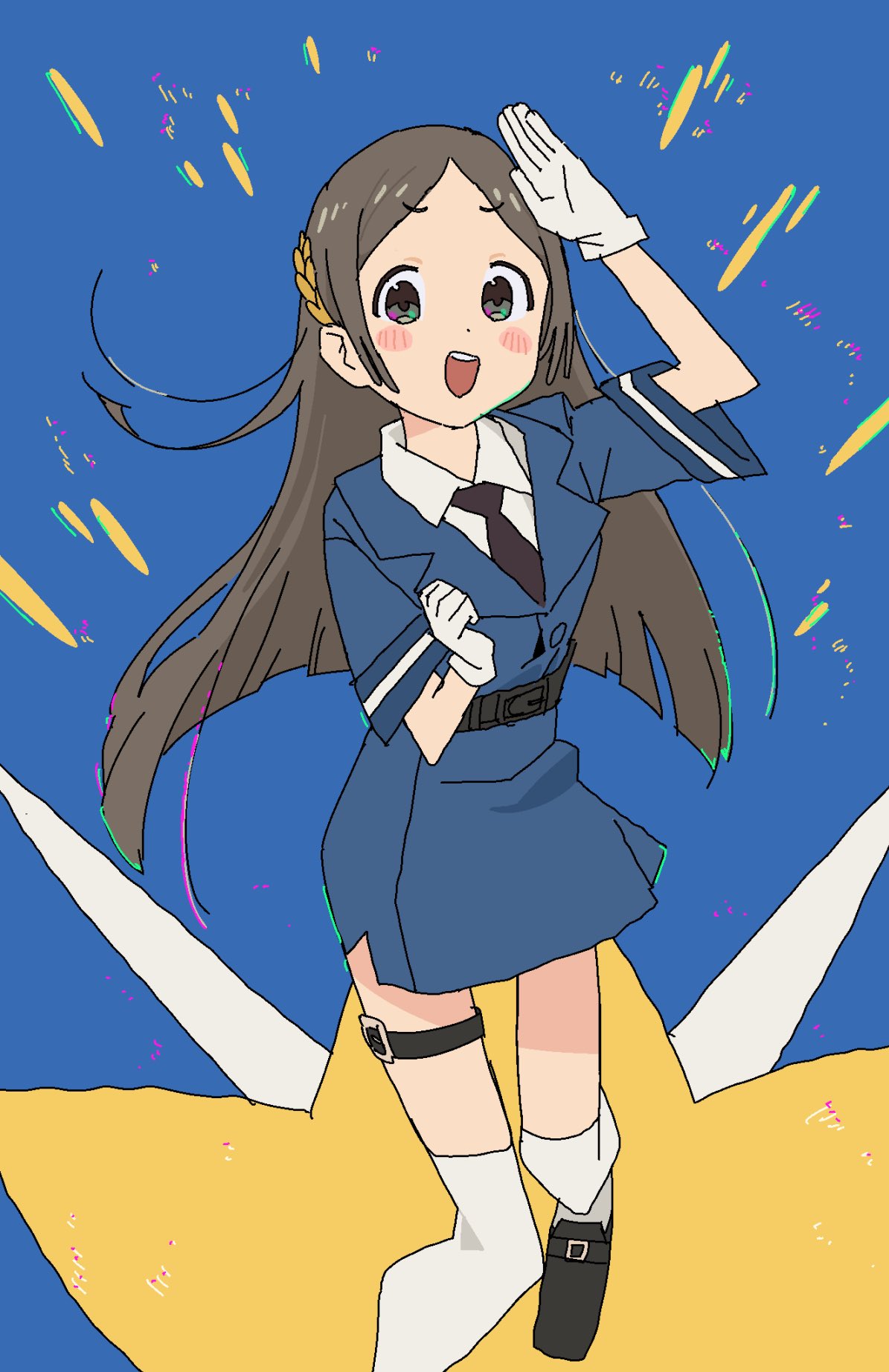 Safebooru - 1girl belt blue background blue skirt blush brown hair collared shirt ddasang gloves ...
