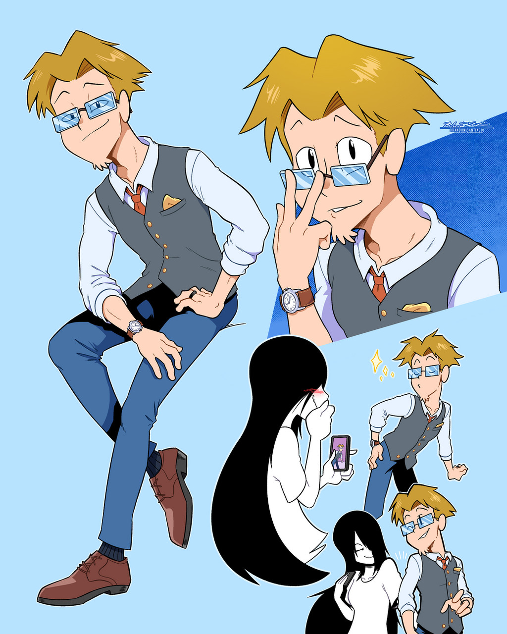 Safebooru - 1boy 1girl black hair blonde hair blue background brandon ...