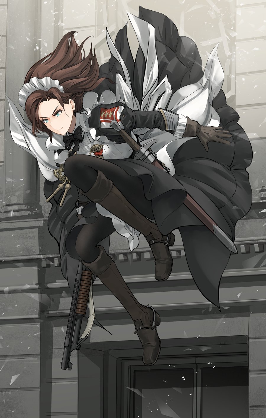 Safebooru - 1girl apron asterisk kome black dress black pantyhose boots brown footwear brown ...