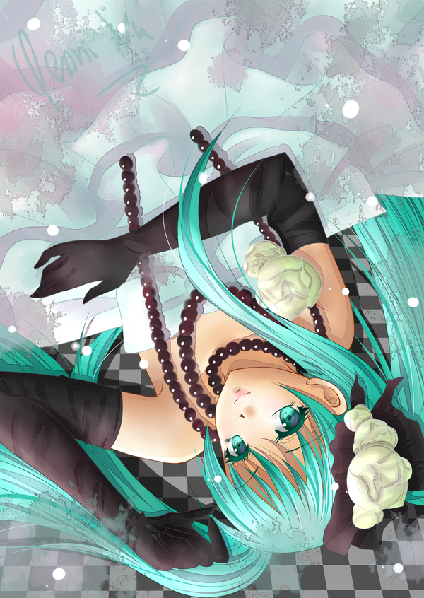 Safebooru - 1girl aqua eyes aqua hair artist name checkered checkered background elbow gloves ...