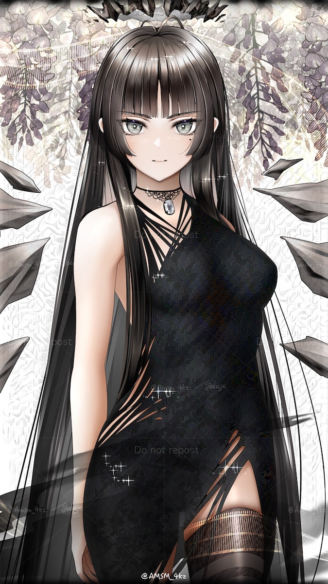 Safebooru - 1girl alternate costume arknights black dress black eyes black hair breasts closed ...