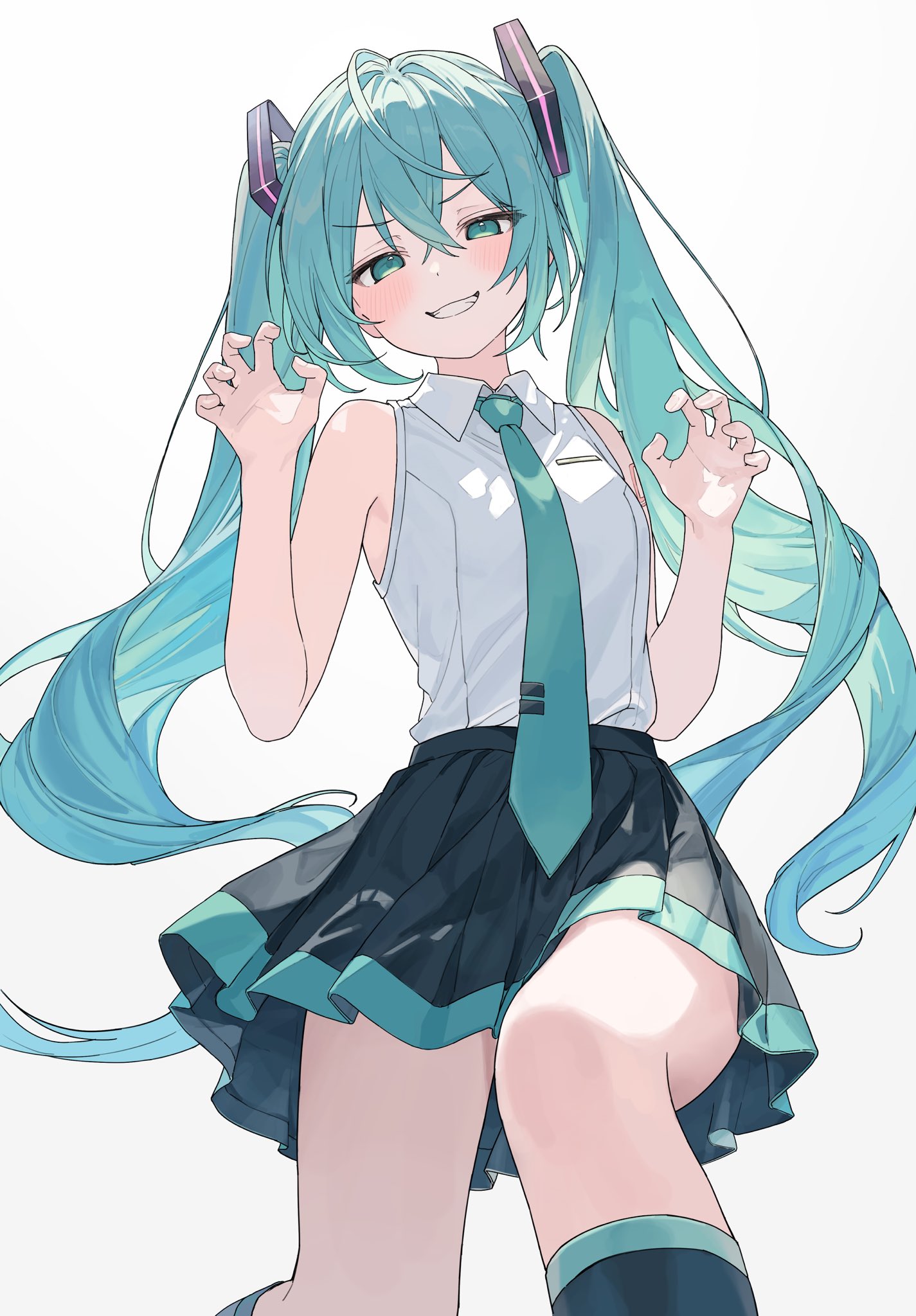 Safebooru - 1girl ahoge aqua eyes aqua hair aqua necktie black skirt black socks blush claw pose ...