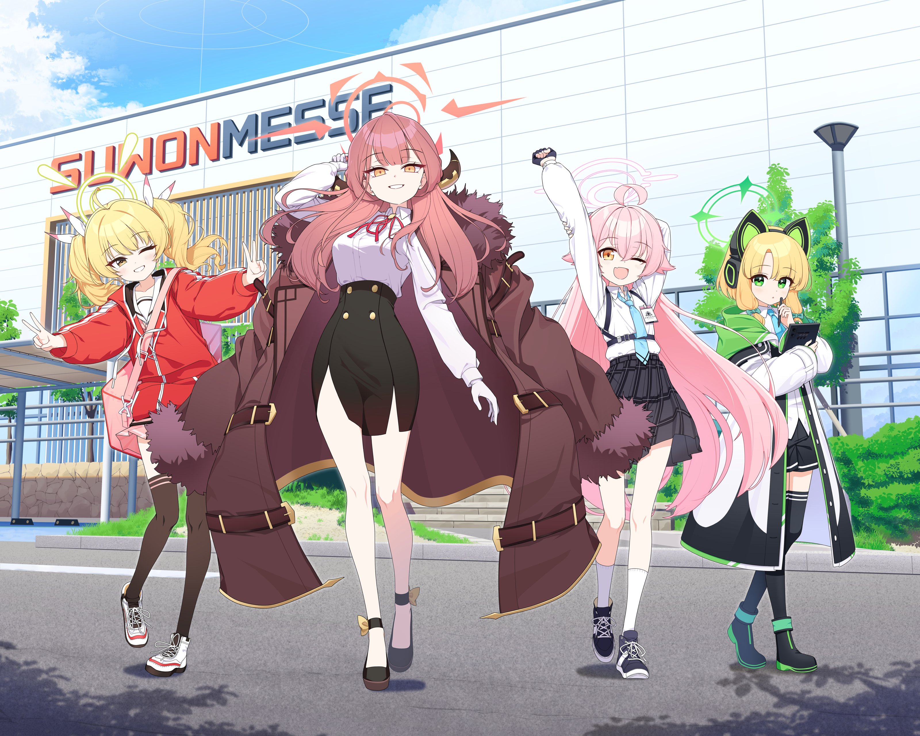 Safebooru - 4girls absurdres animal ear headphones animal ears arm behind head arm up aru (blue ...