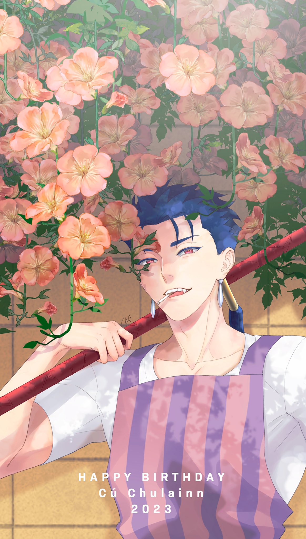 Safebooru - 1boy 2023 adam's apple apron blue hair cigarette collarbone ...