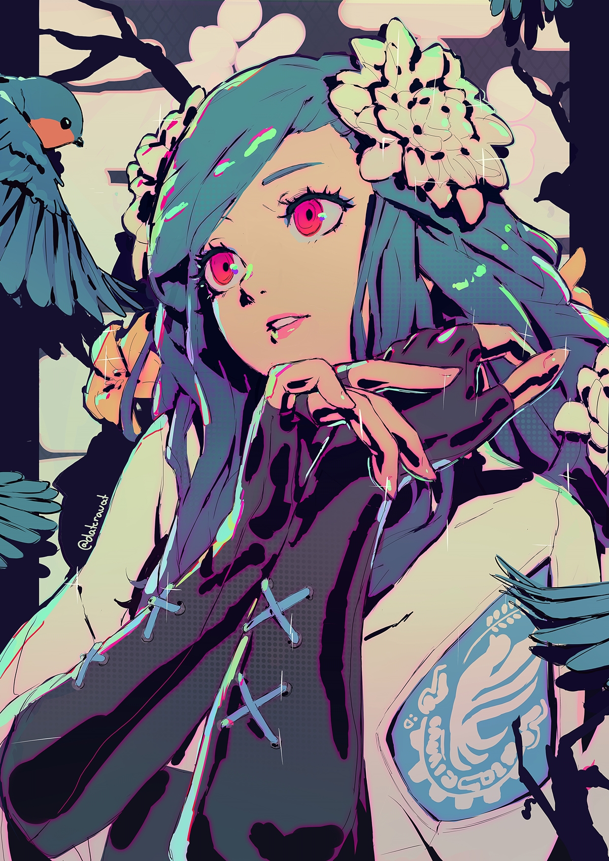Safebooru - 1girl bird black dress black gloves blue eyeshadow blue hair braid branch clouds ...