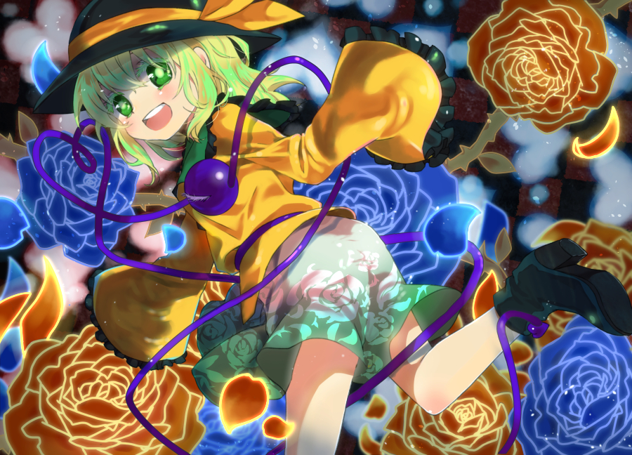 Safebooru - 1girl blue rose boots chikamichi (ssssgirl) floral print flower glowing glowing eyes ...