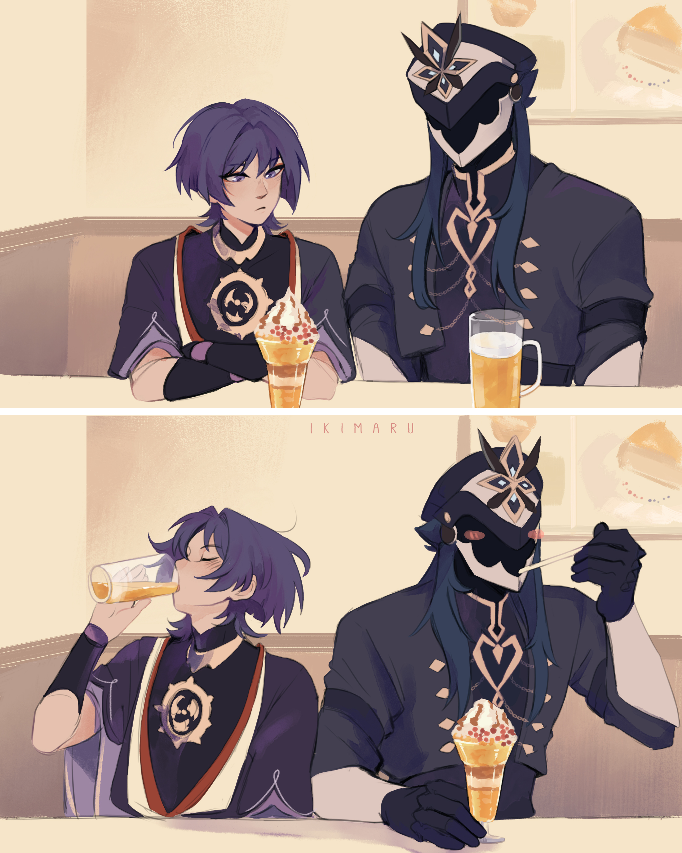 Safebooru - 2boys absurdres aiguillette alcohol armor artist name beer beer mug black bodysuit ...