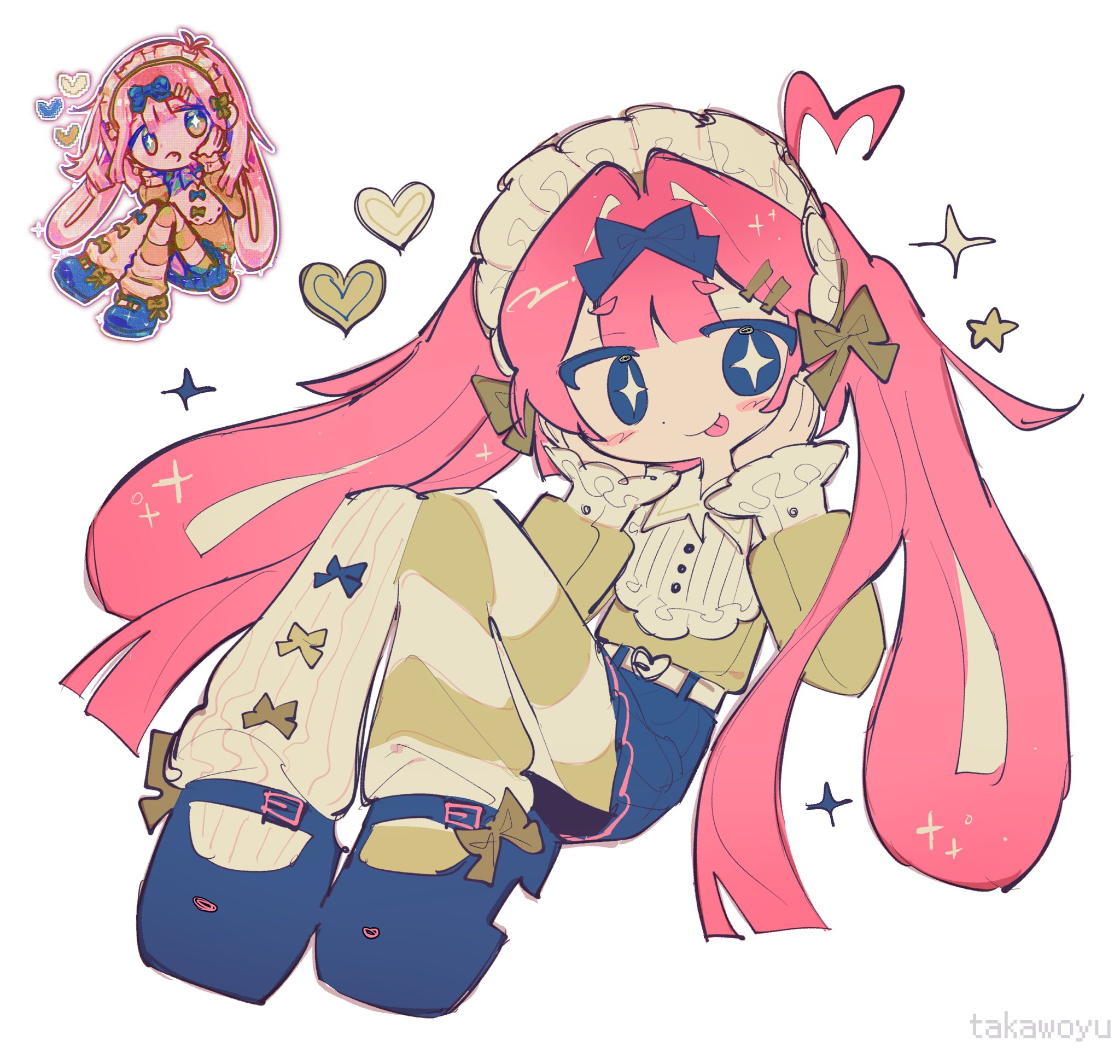 Safebooru - + + 1girl :p ahoge animal ears artist name asymmetrical legwear belt blue bow blue ...