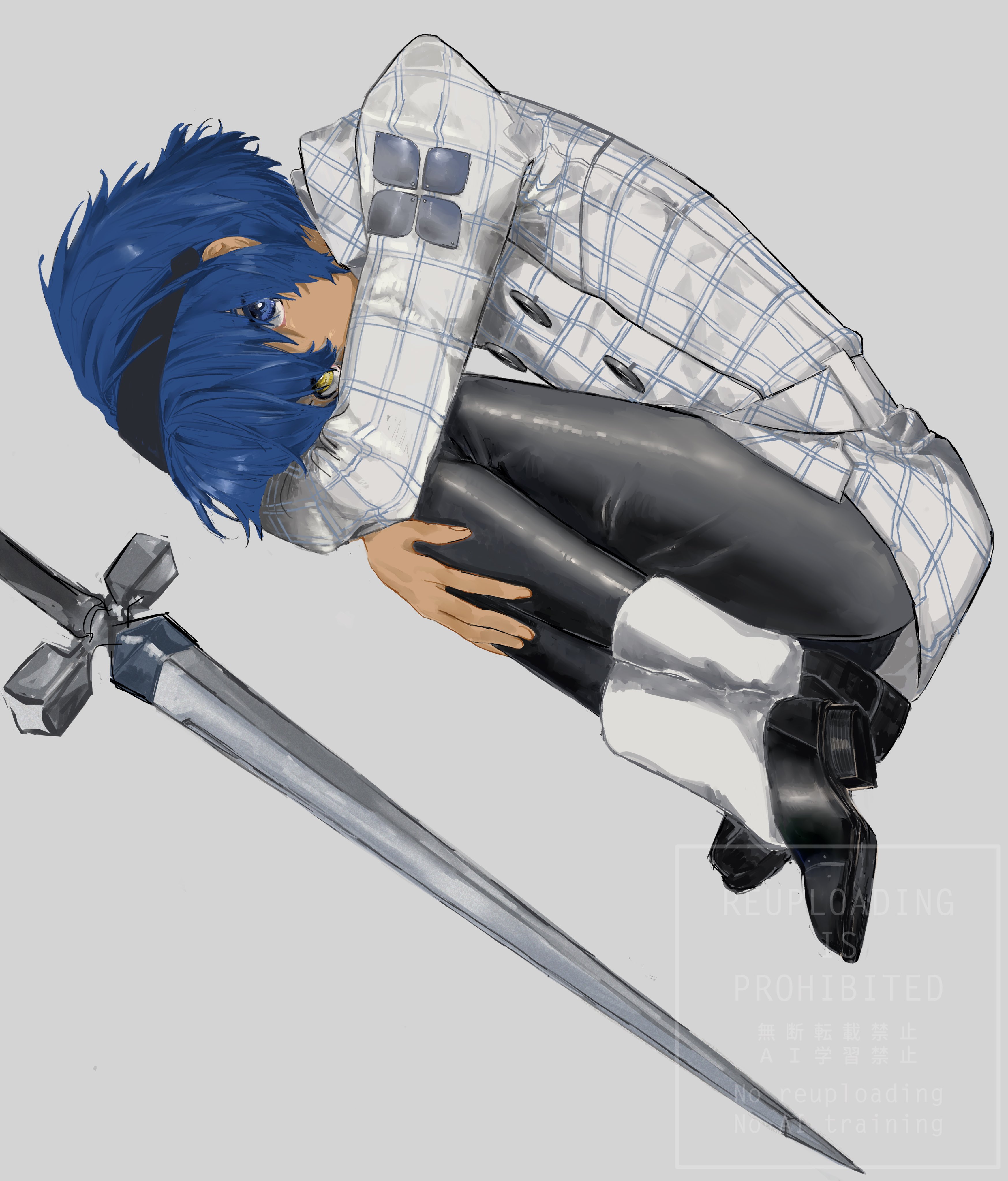 Safebooru - 1boy absurdres black pants blue eyes blue hair curled up grey background ...