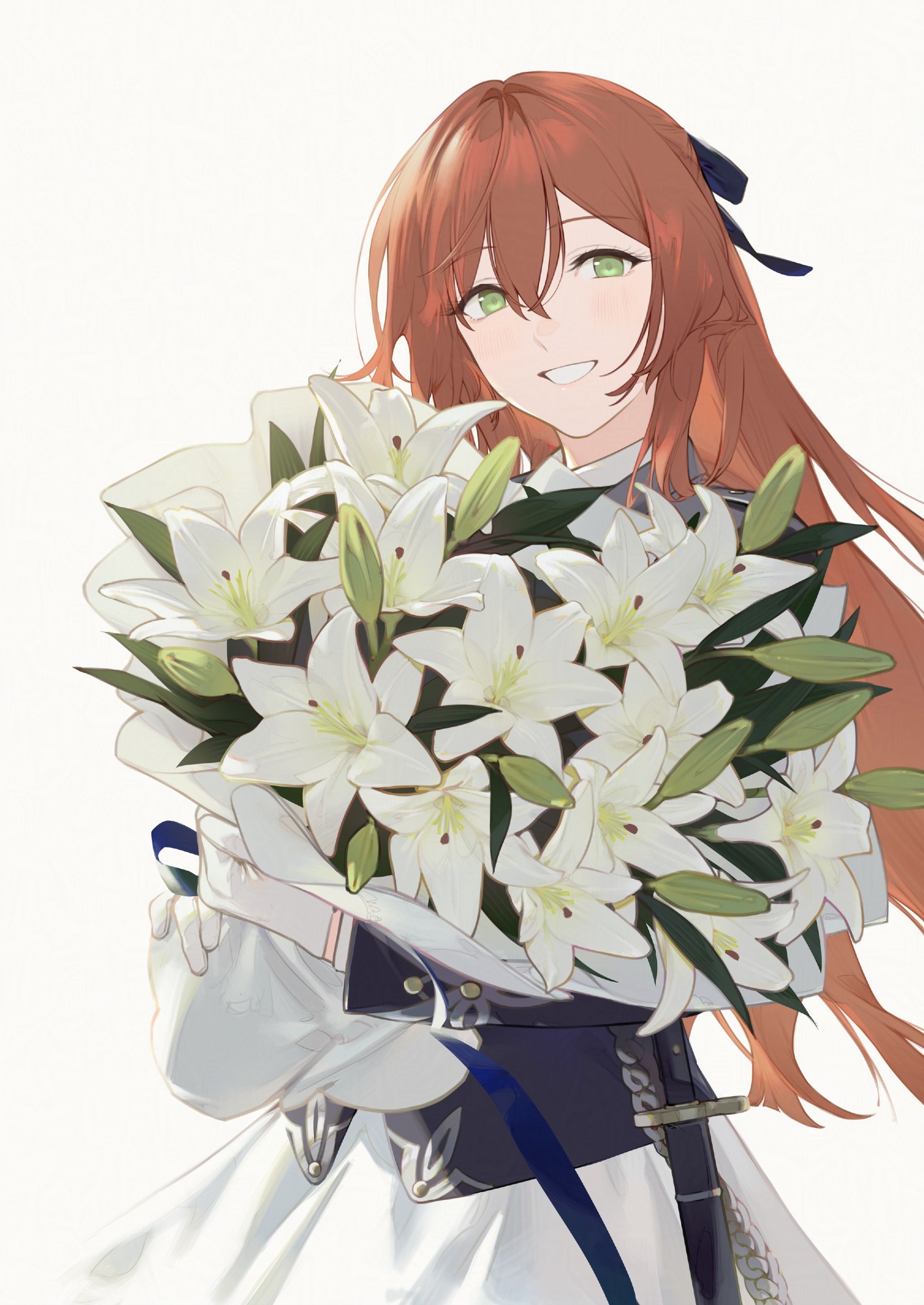 Safebooru - 1girl bouquet brown hair duoyuanjun flower girls frontline gloves green eyes grin ...