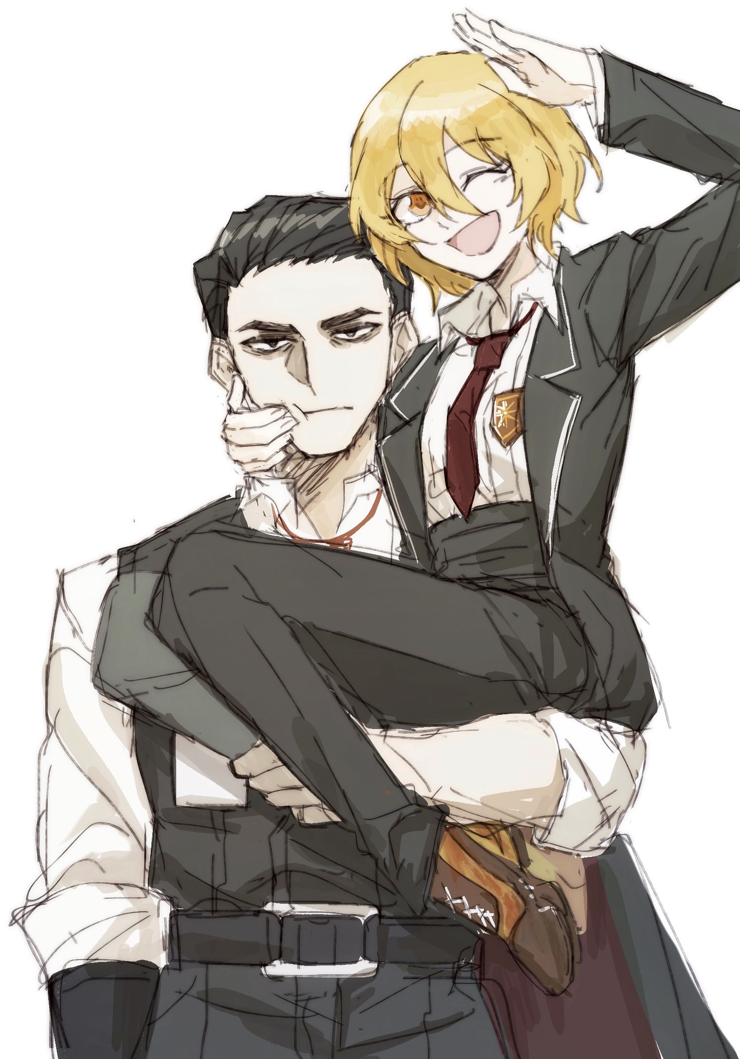 Safebooru - 1boy 1girl :t ;d belt black belt black coat black eyes black hair black pants black ...