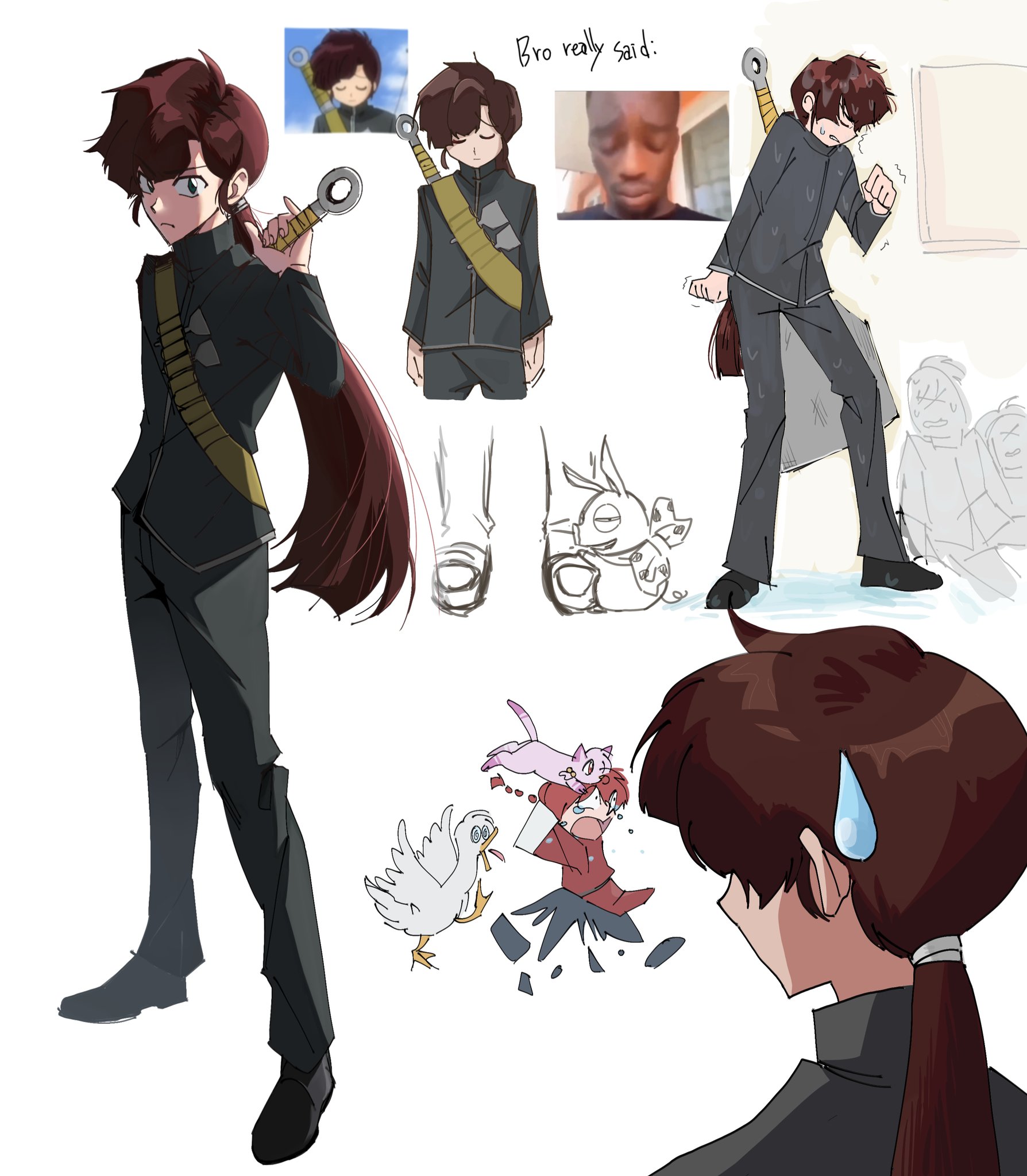 Safebooru - bird brown hair cat closed eyes duck highres hybhu22454 ...