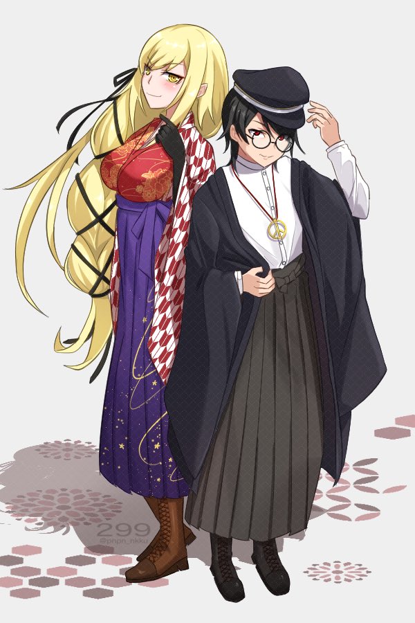 Safebooru - 1boy 1girl 299 nkku araragi koyomi artist name black hair blonde hair collar couple ...