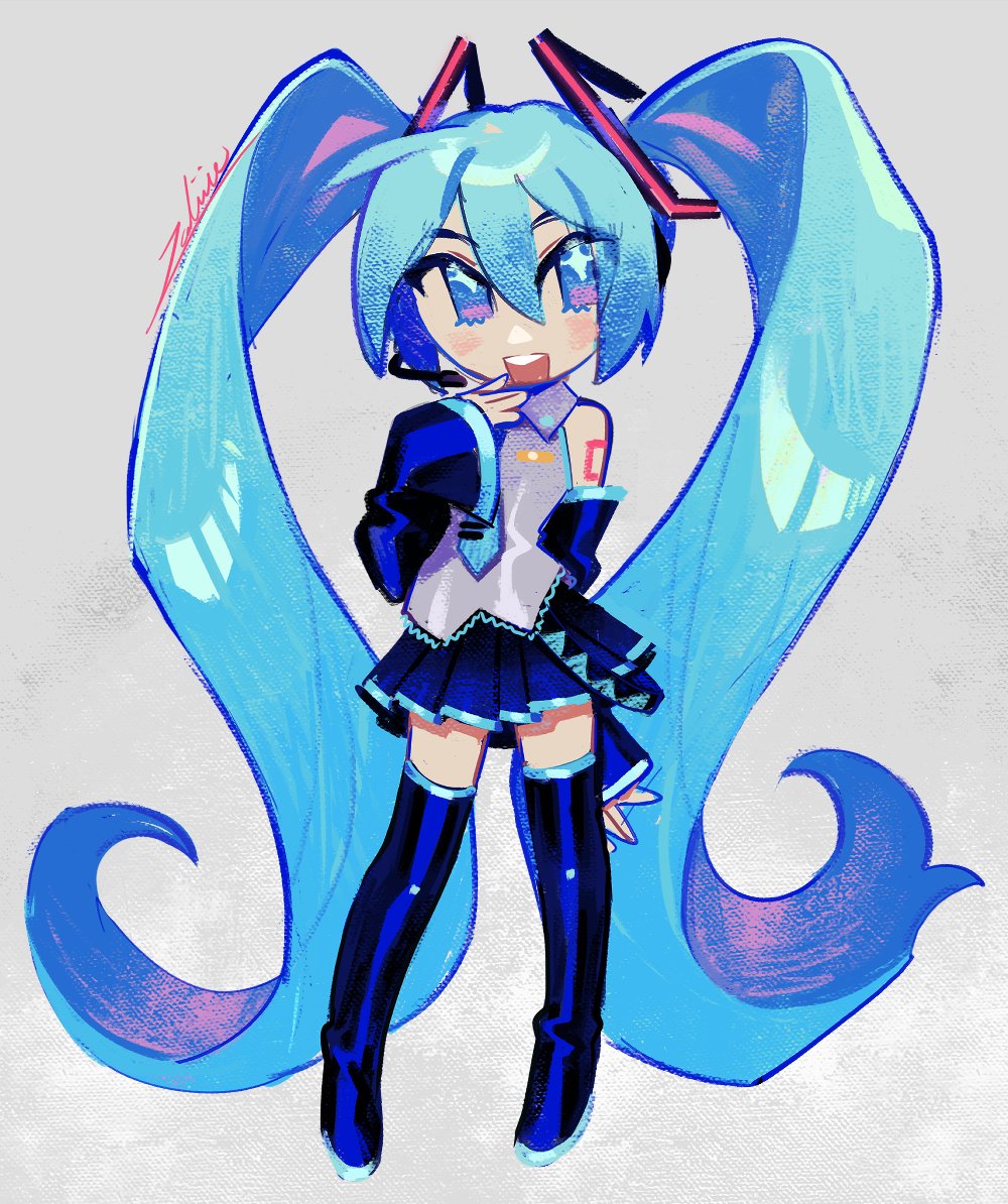 Safebooru - 1girl :d aqua eyes aqua hair black skirt black sleeves black thighhighs detached ...