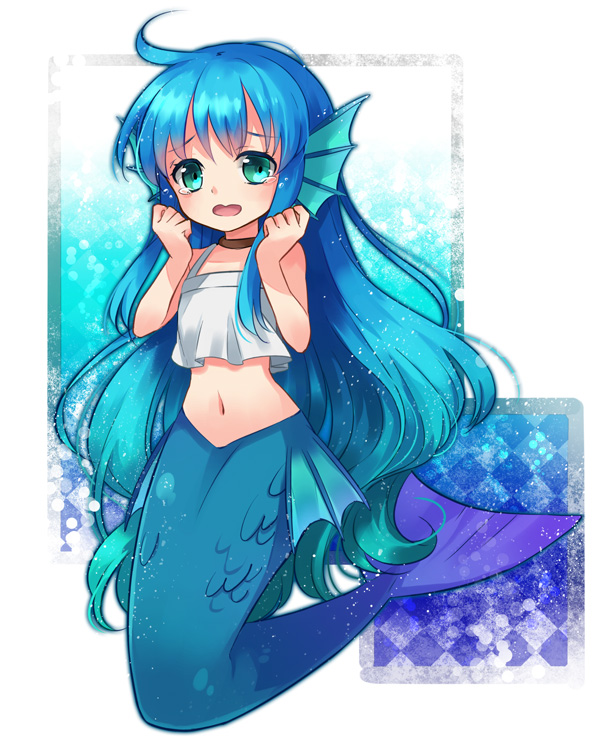 Safebooru - 1girl blue hair choker green eyes head fins long hair madou ...