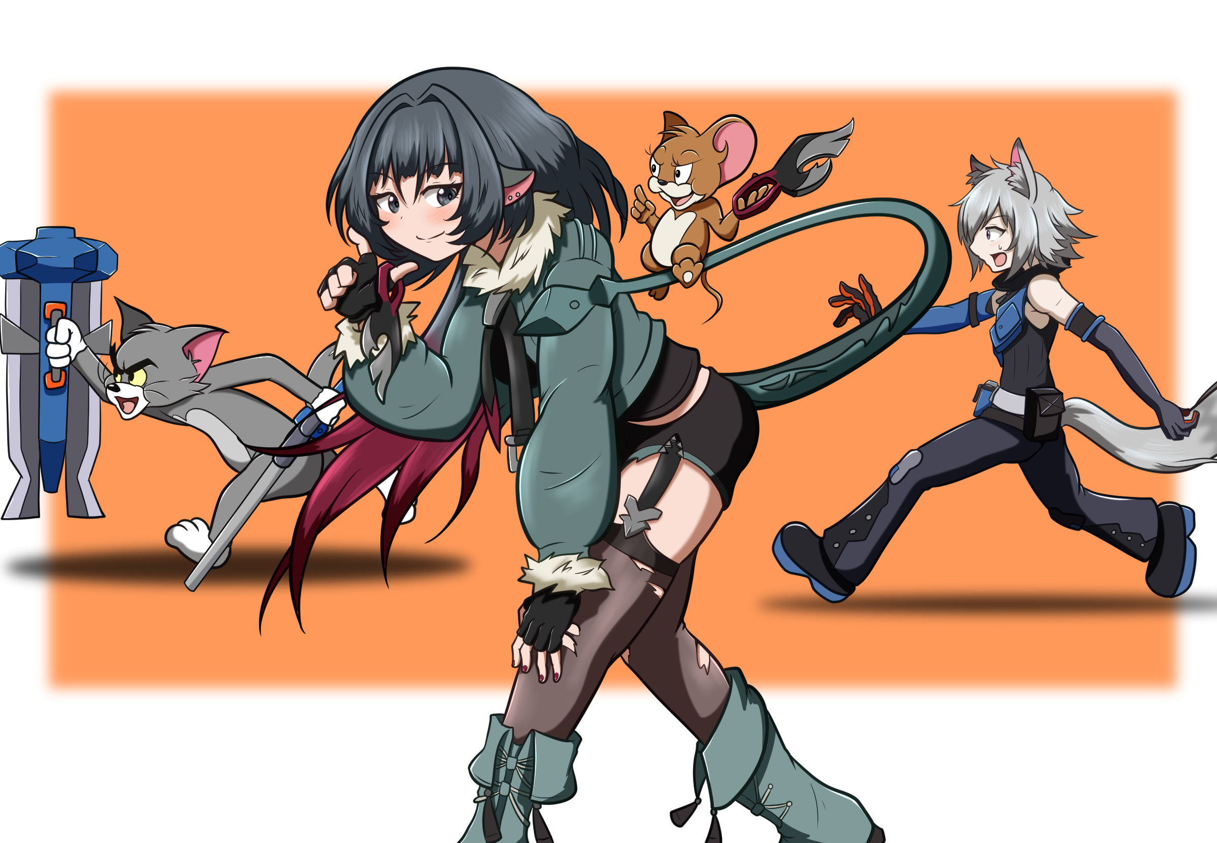 Safebooru - 1girl 3boys animal ears black eyes black hair cat cat boy ...