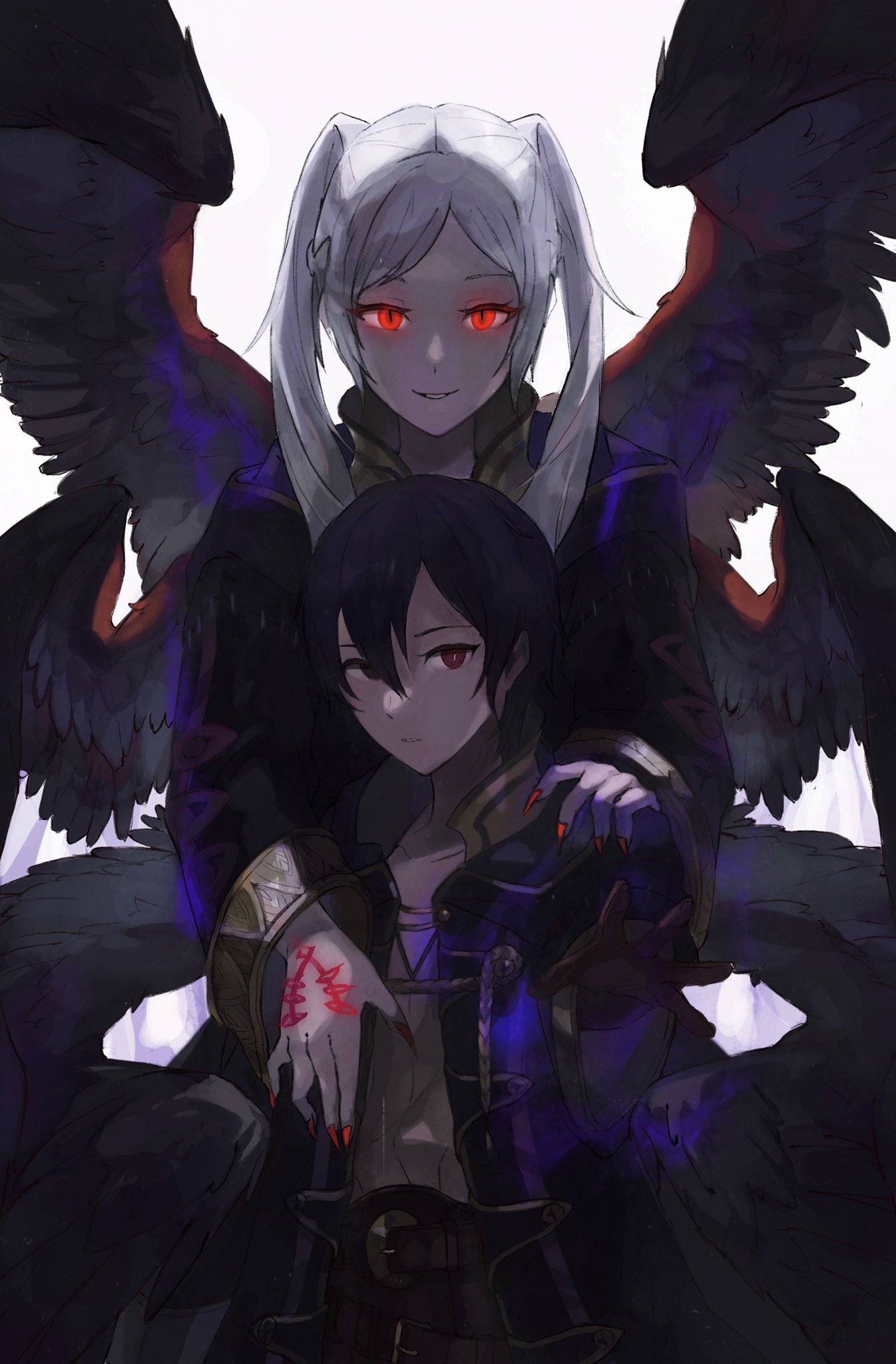 Safebooru - 1boy 1girl black hair black robe black wings brown gloves ...