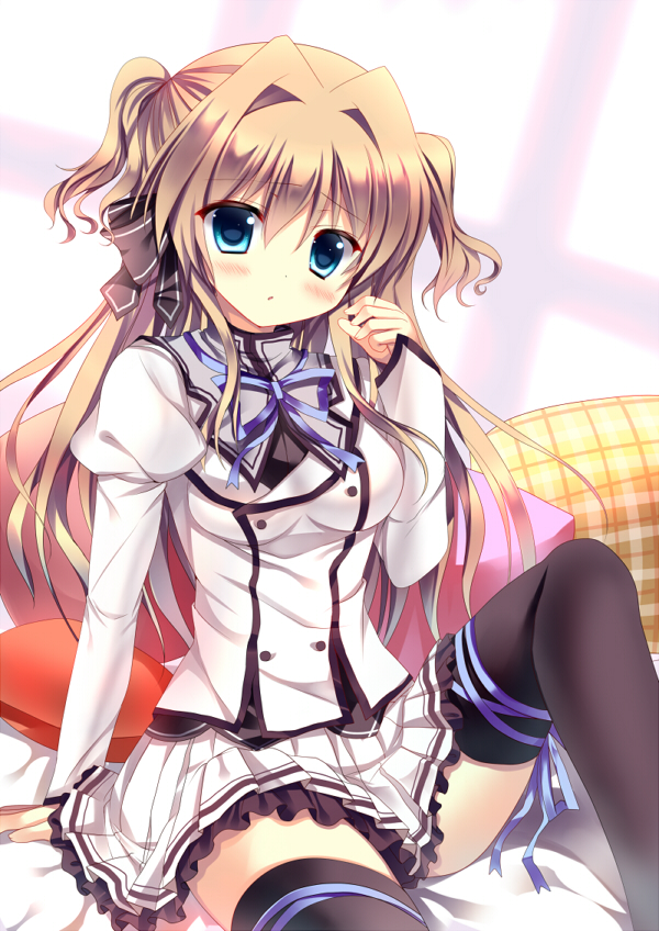 Safebooru - 1girl azumi kazuki black legwear blonde hair blue eyes hair intakes hair ribbon ...