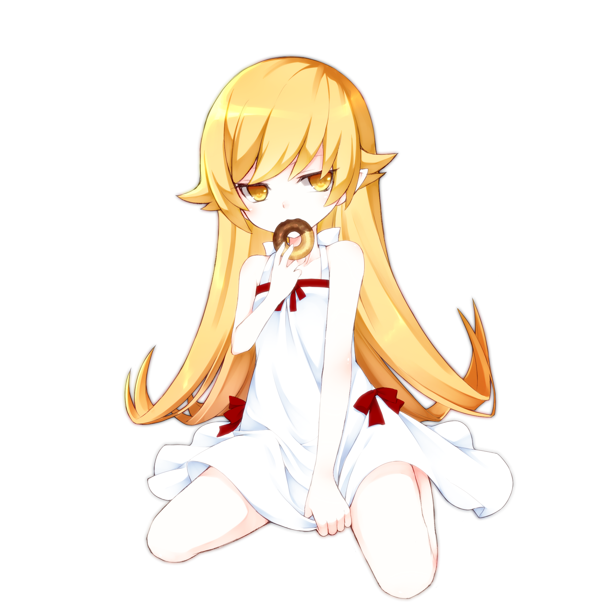 Safebooru - 1girl bakemonogatari bare shoulders barefoot blonde hair doughnut dress highres long ...