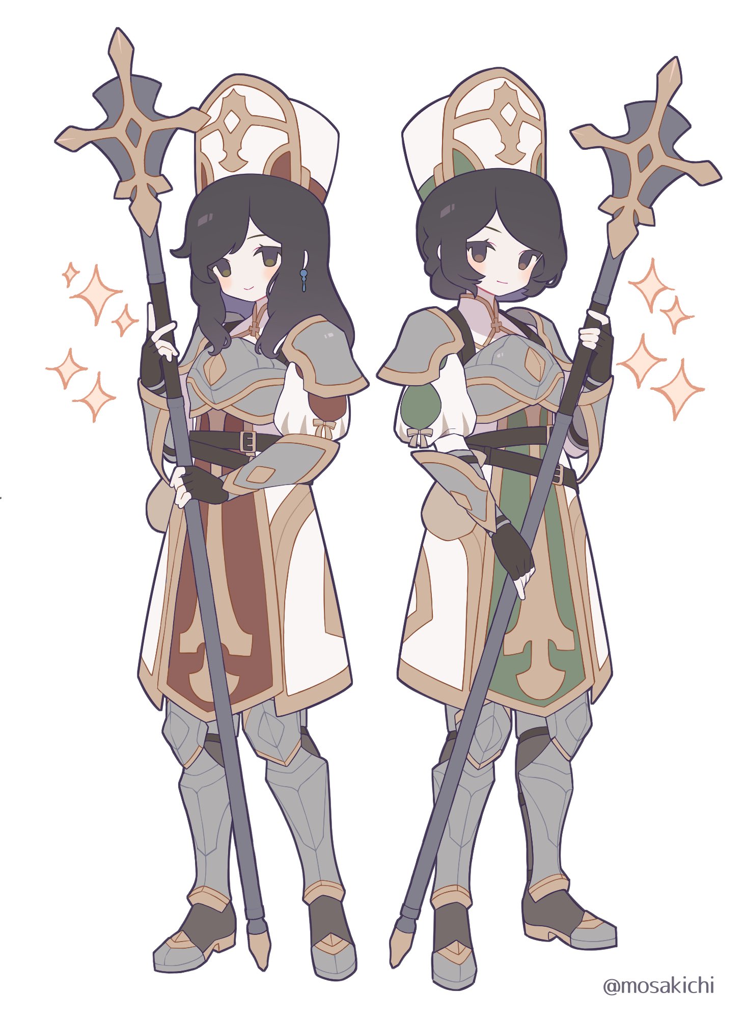 Safebooru - 2girls armor black hair breastplate brown gloves cuisses dress fingerless gloves ...