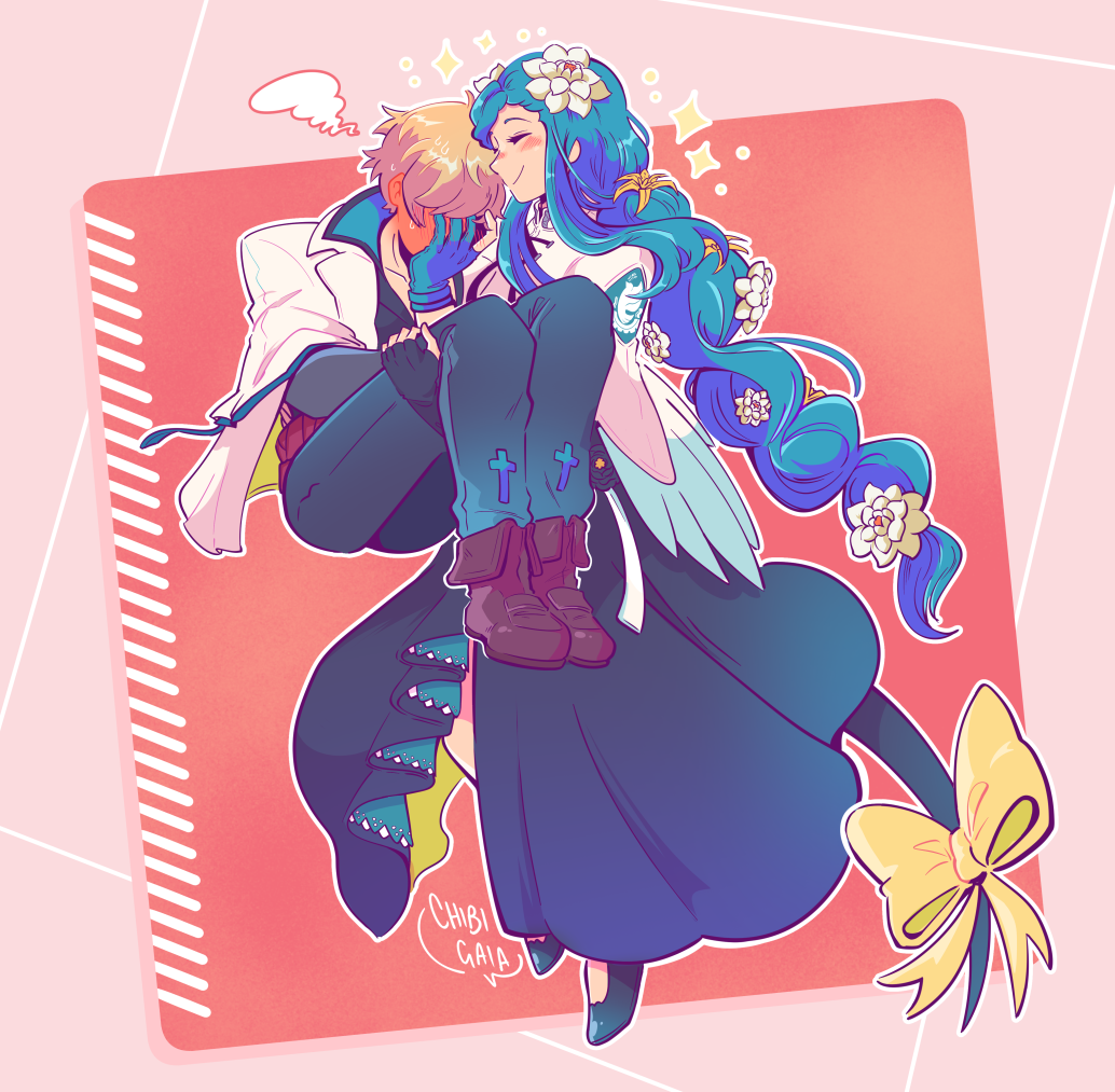 Safebooru - 1boy 1girl black dress black gloves black shirt blonde hair blue gloves blue hair ...