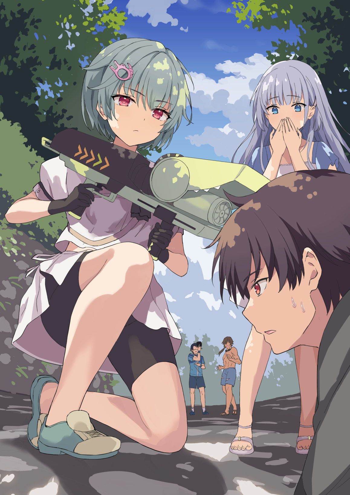 Safebooru - 2girls 3boys bike shorts black shorts blue eyes blue sky brown eyes brown hair ...