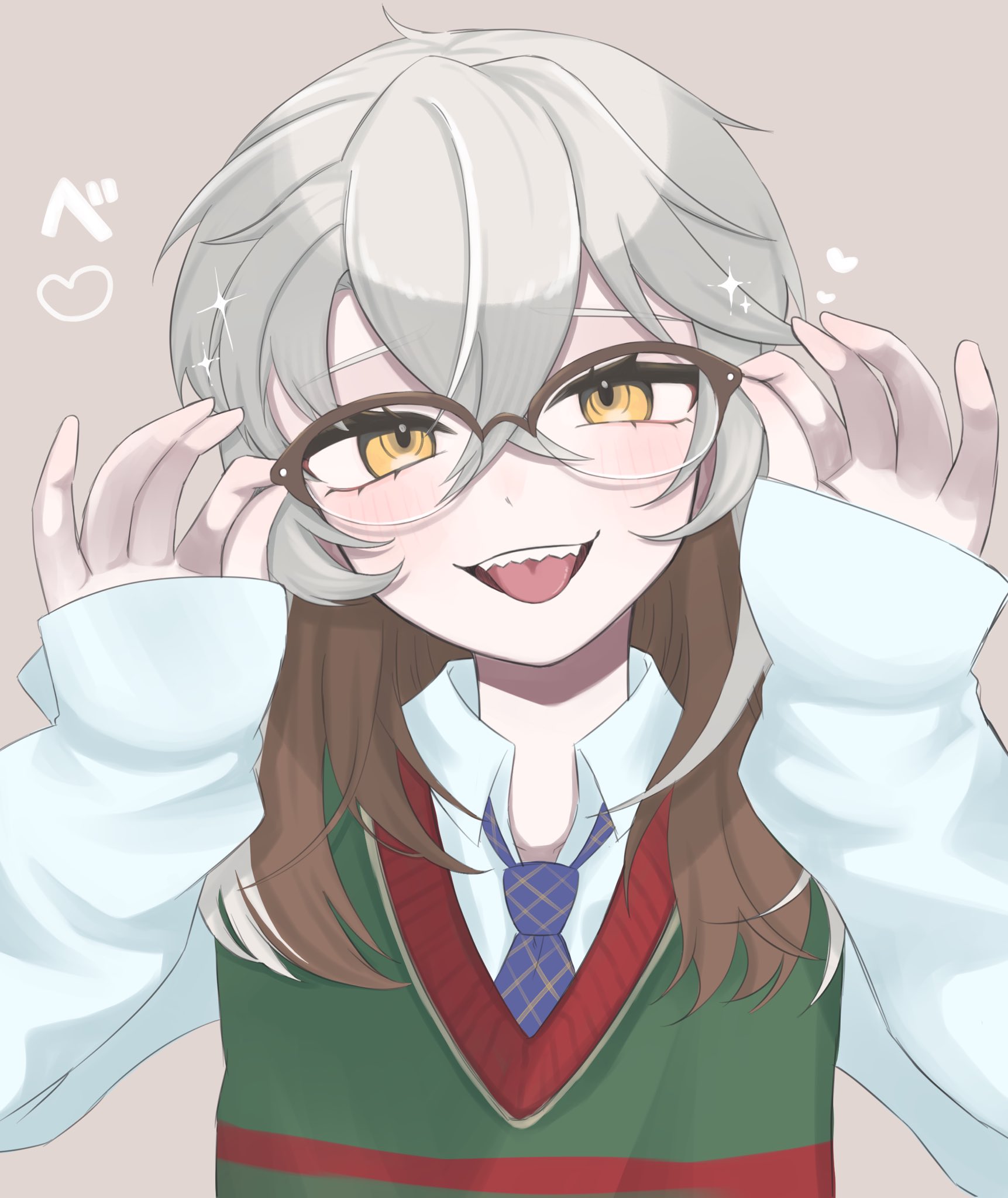 Safebooru - 1other :d adjusting eyewear blue necktie brown background brown hair choko (1839 ...