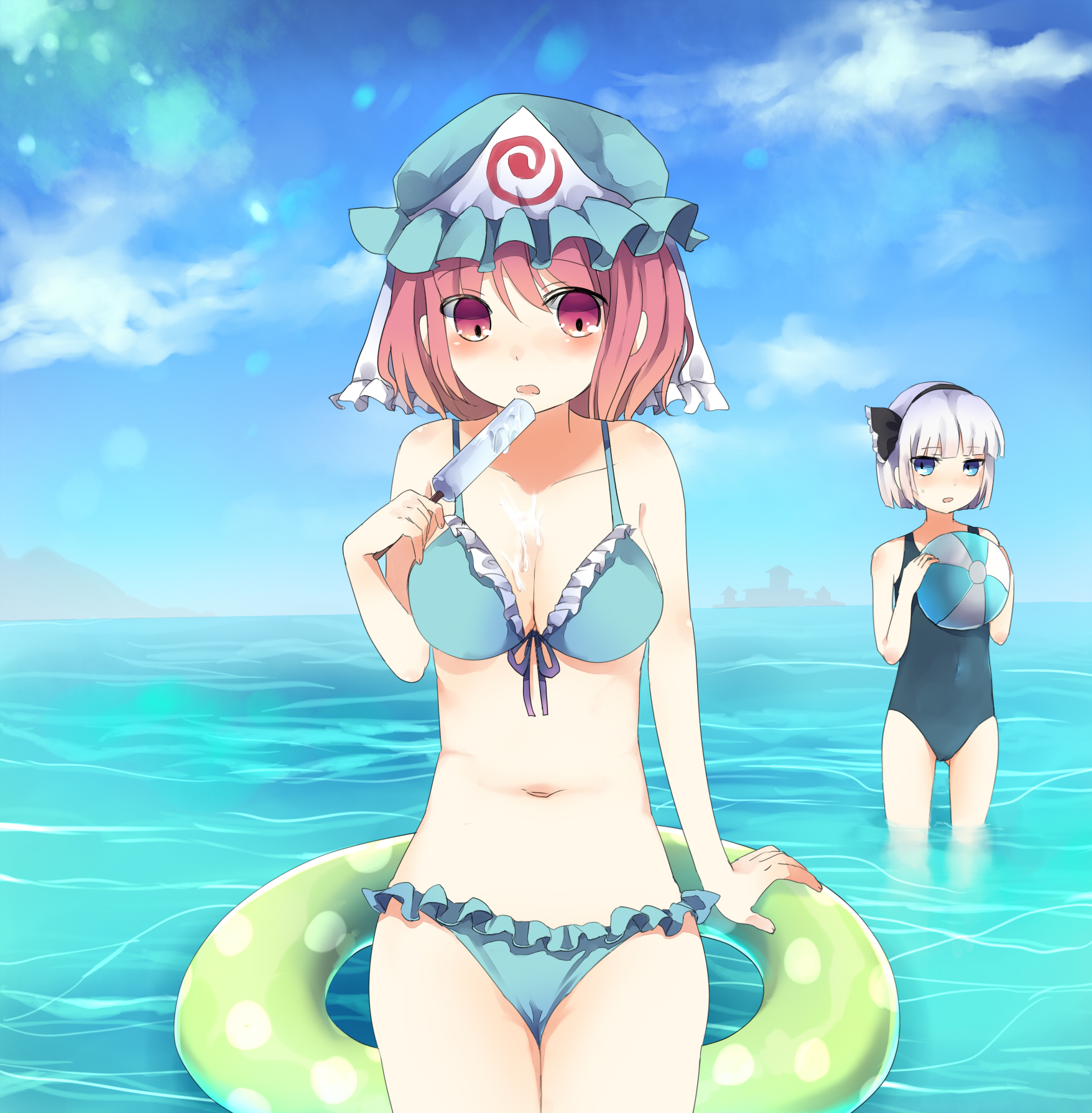 Safebooru - 2girls ball beachball bikini blue eyes blue sky blue swimsuit breasts building ...